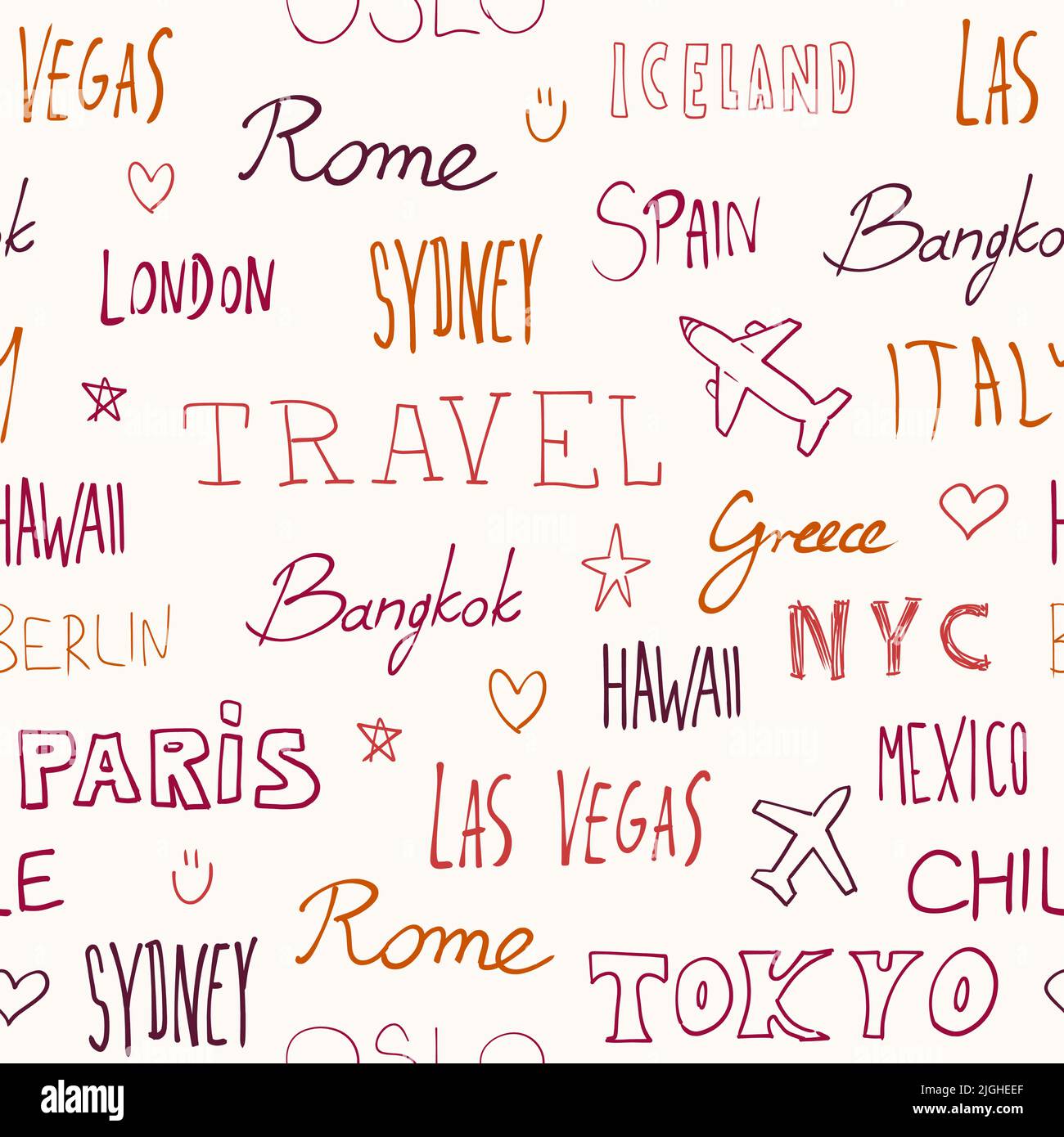 Travel background. City names and travel destinations. Word text doodle ...