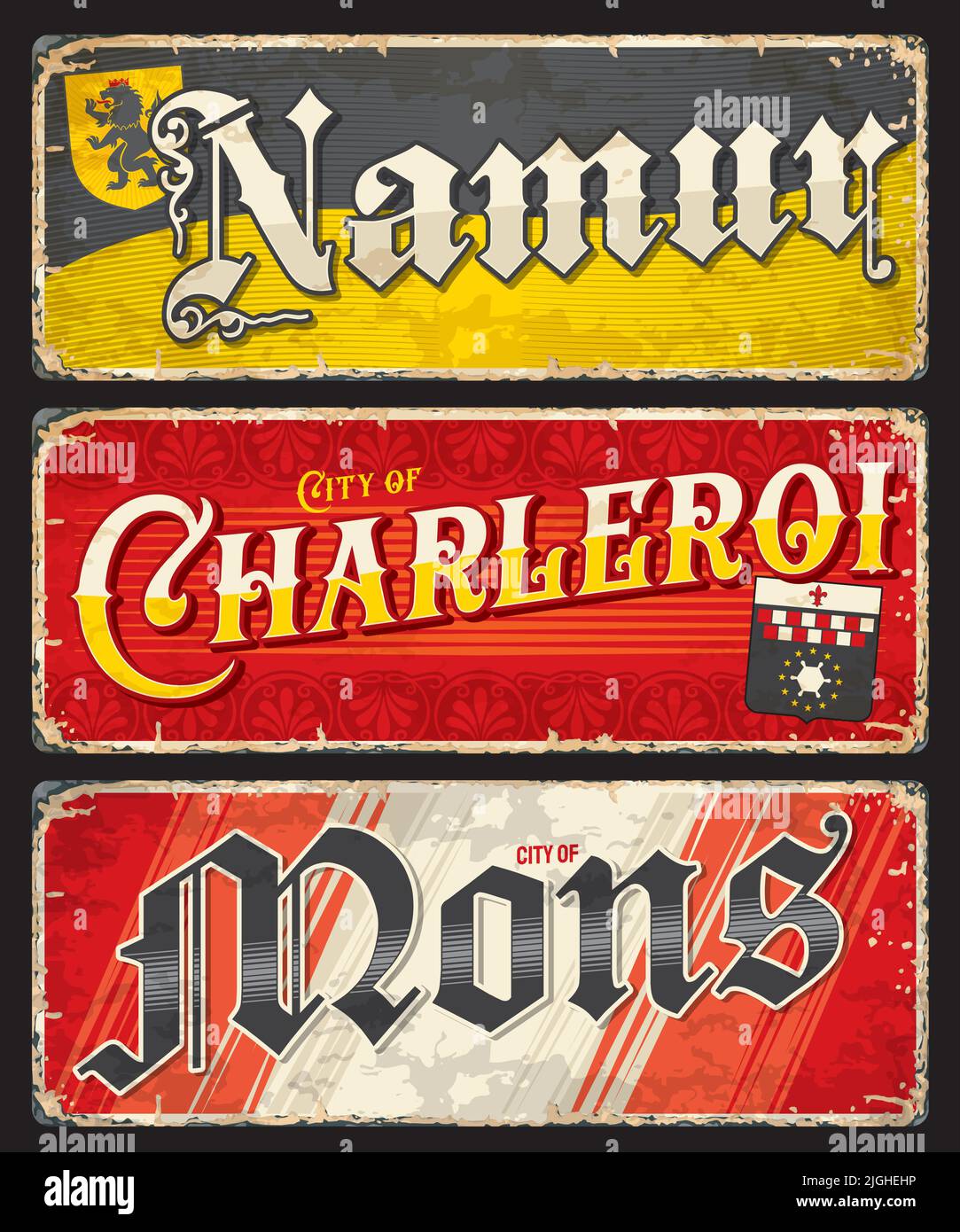 Namur, Mons, Charleroi, Belgian city travel stickers and plates, vector ...