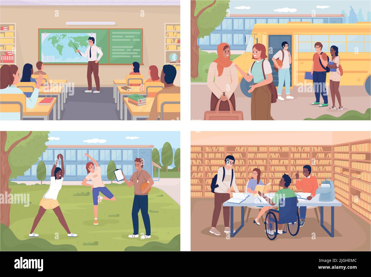 Daily routine of school students flat color vector illustration set ...