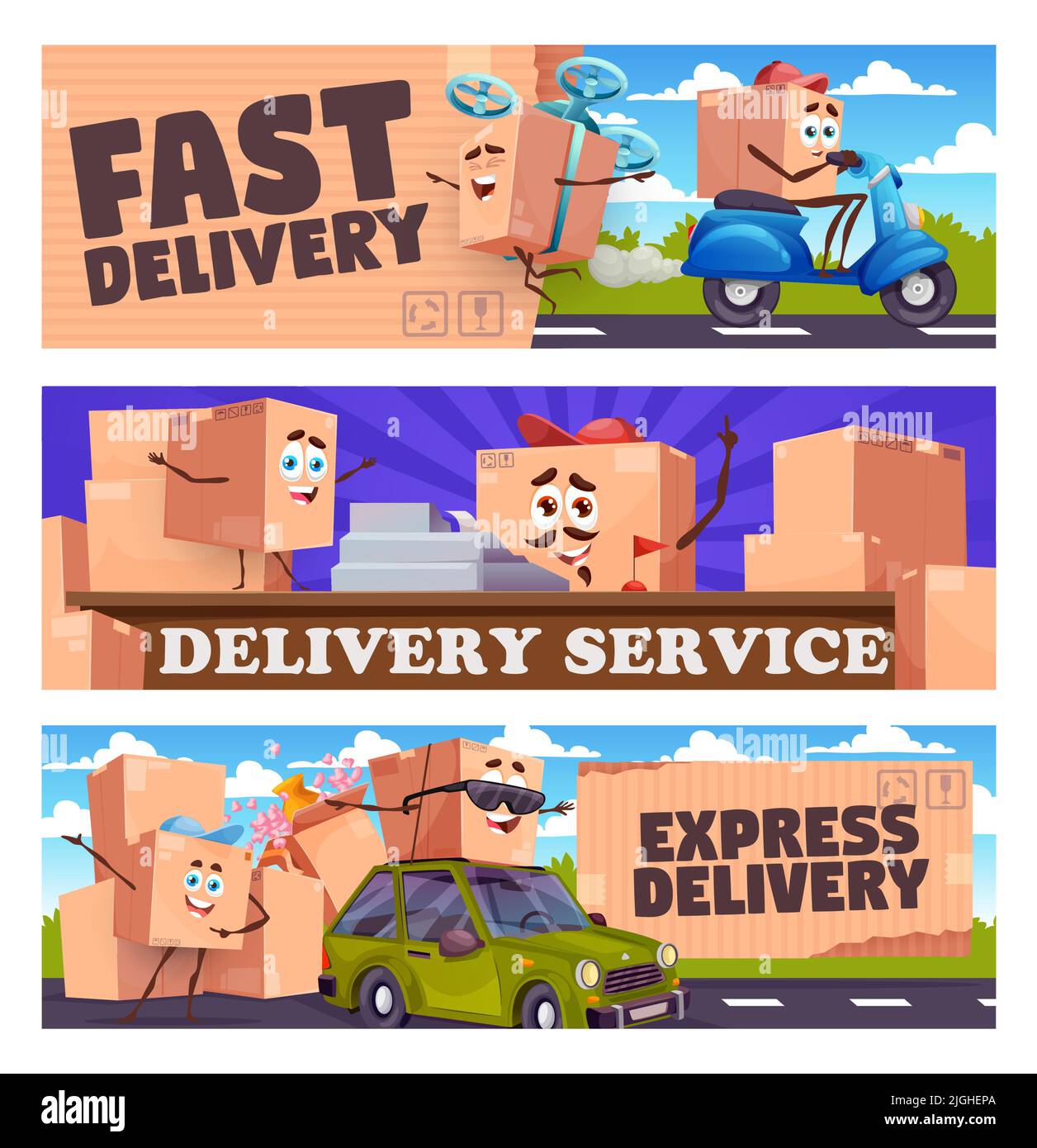 Fast delivery and shipping service, cartoon package and parcel box ...