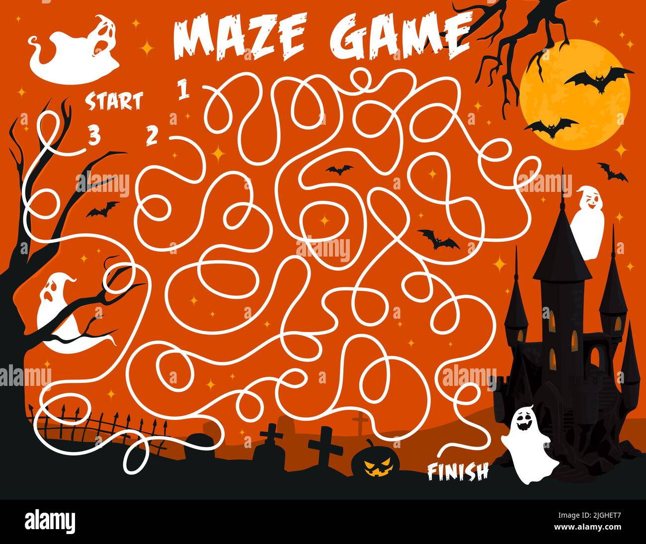 Labyrinth maze game, Halloween ghosts on cemetery, kids puzzle or ...