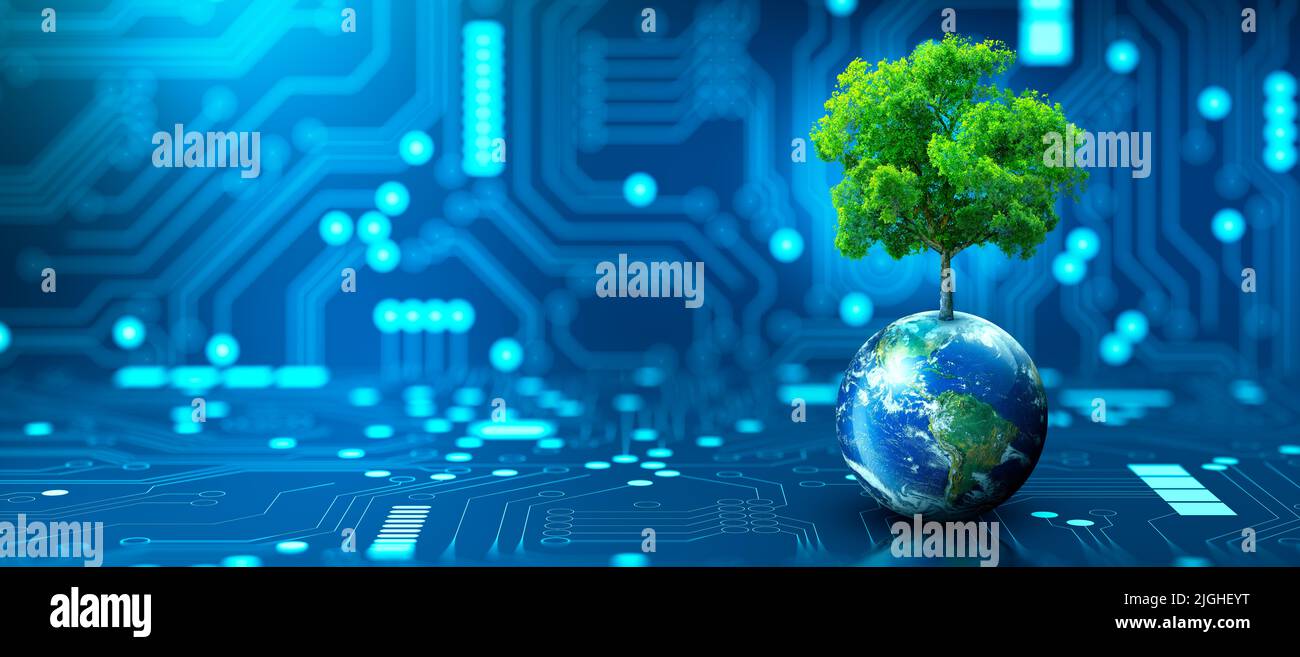 Tree growing on Earth with abstract blue background. Environmental ...