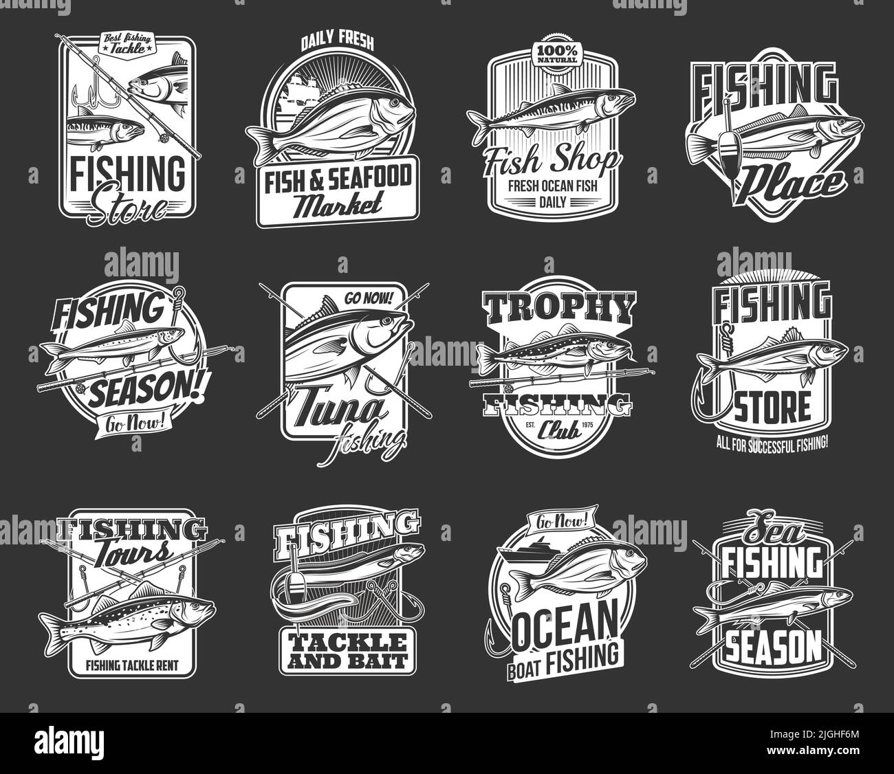Fishing store and sport monochrome icons with isolated vector fish and ...