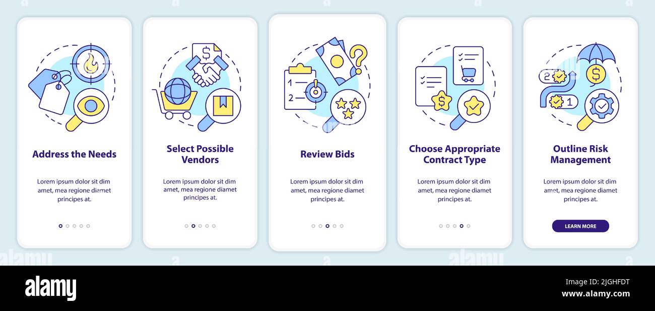 Steps Of Procurement Process Onboarding Mobile App Screen Stock Vector