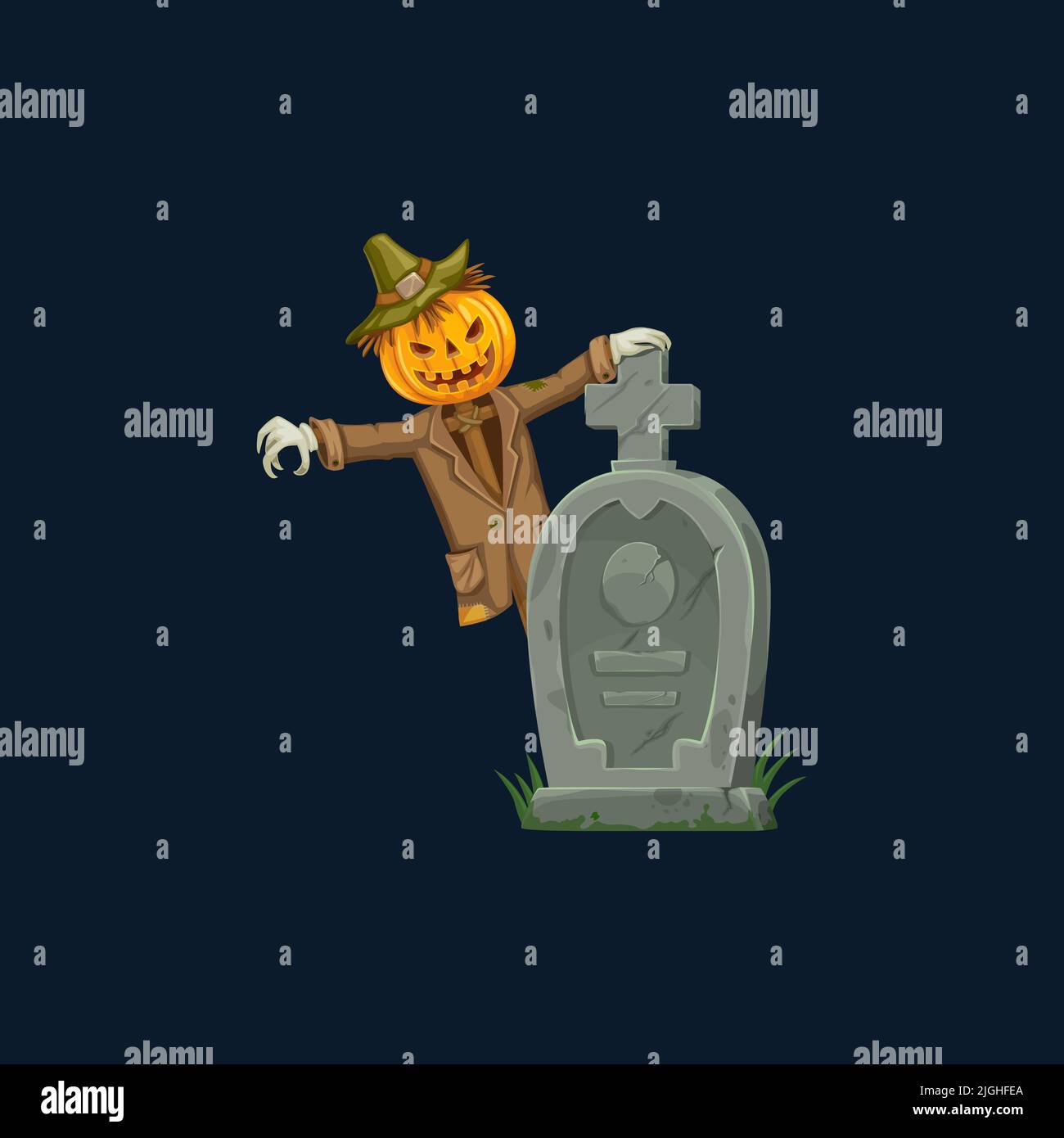 Cartoon scarecrow with pumpkin head at gave tombstone on cemetery ...