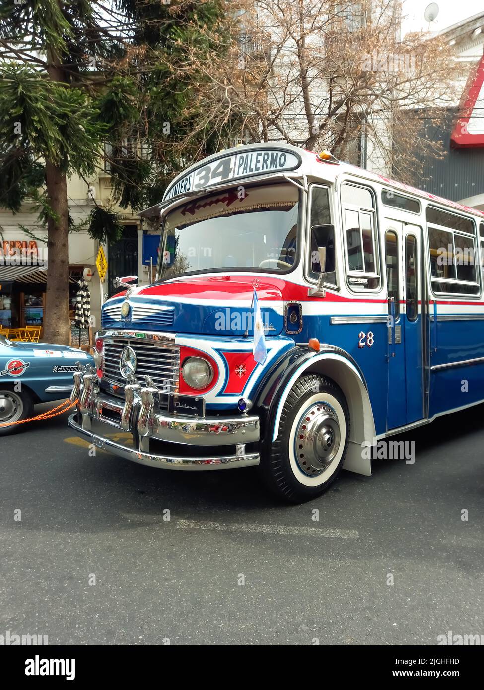 Old blueMercedes Benz 1114 bus 1980s parked in the street. Public ...