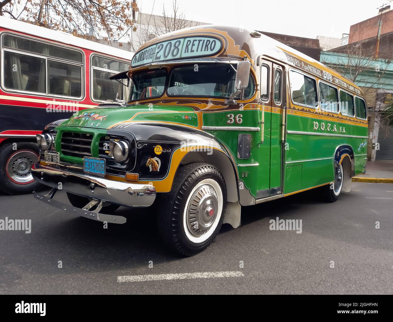Old classic green 1962 Bedford bus by GM in the street. Public ...