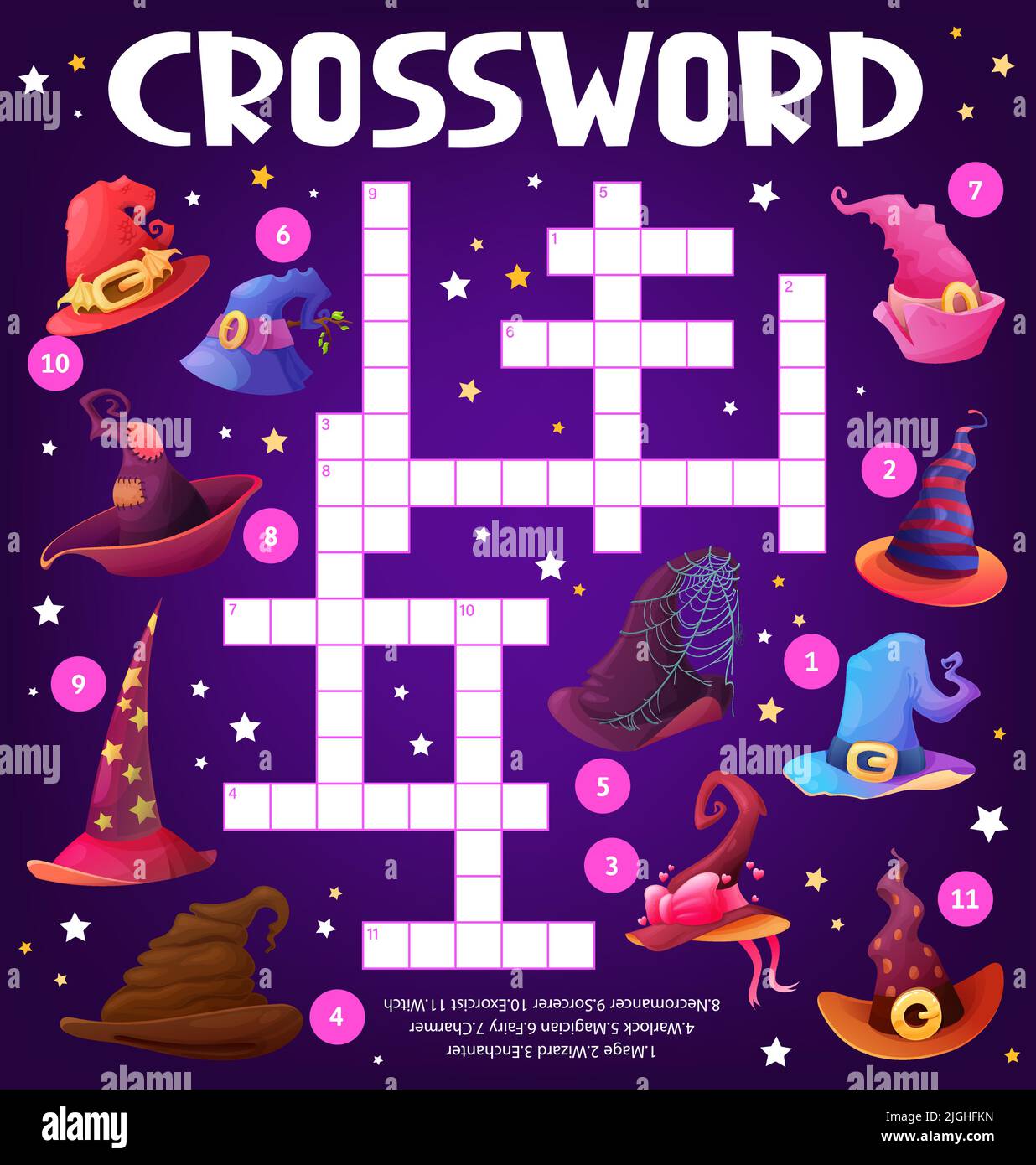 Witch and wizard hats, crossword puzzle worksheet, find a word quiz ...