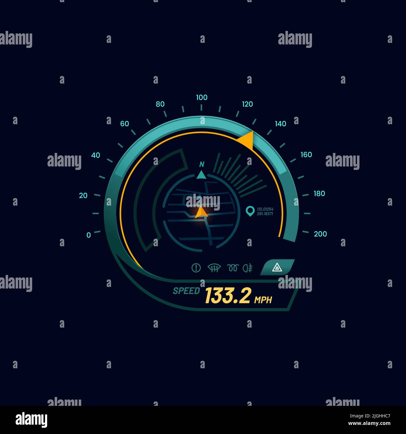 Futuristic car speedometer gauge dial with navigation map. Automobile ...