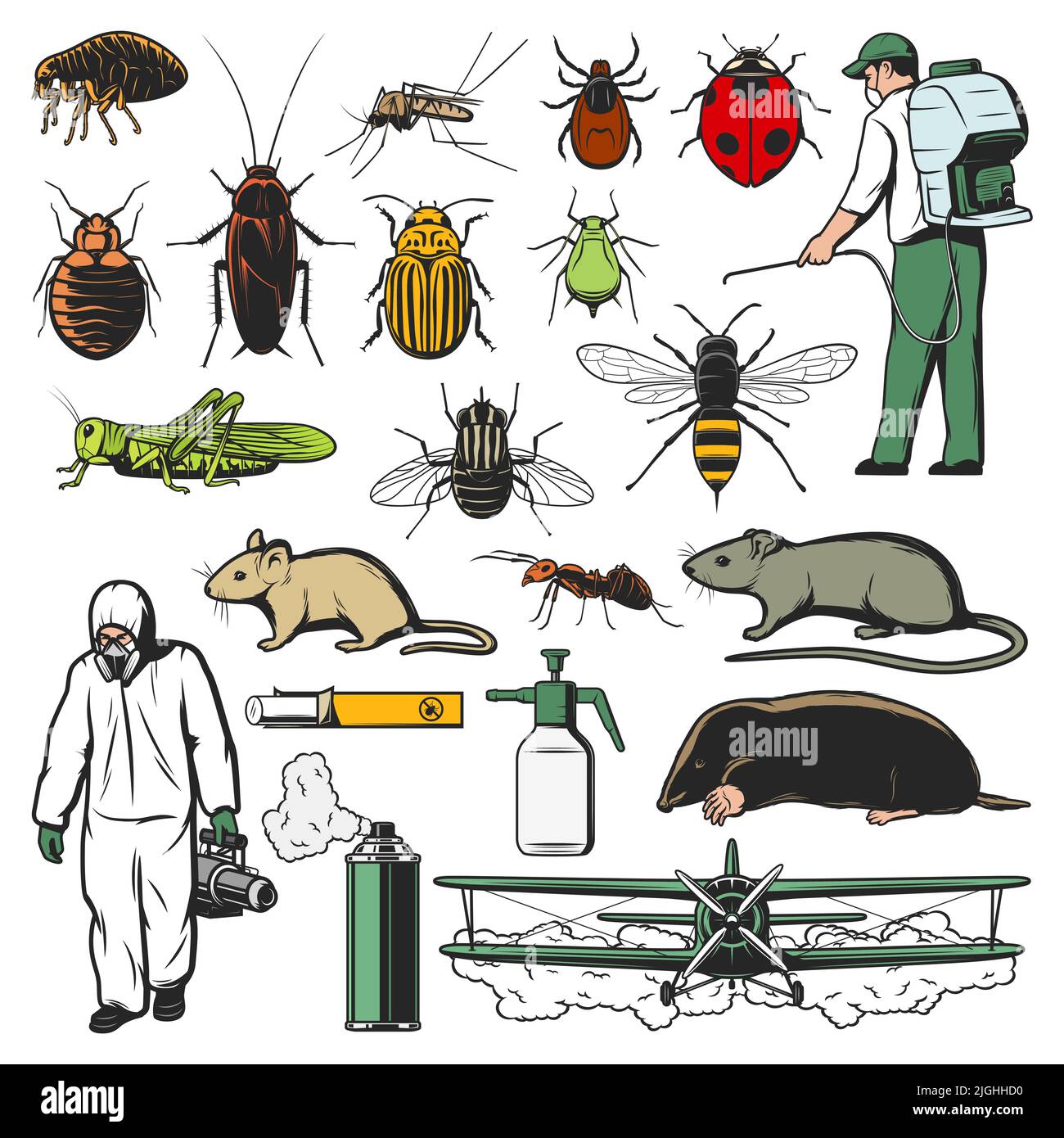 Pests control workers, insects and animals sketch icons. Exterminator ...