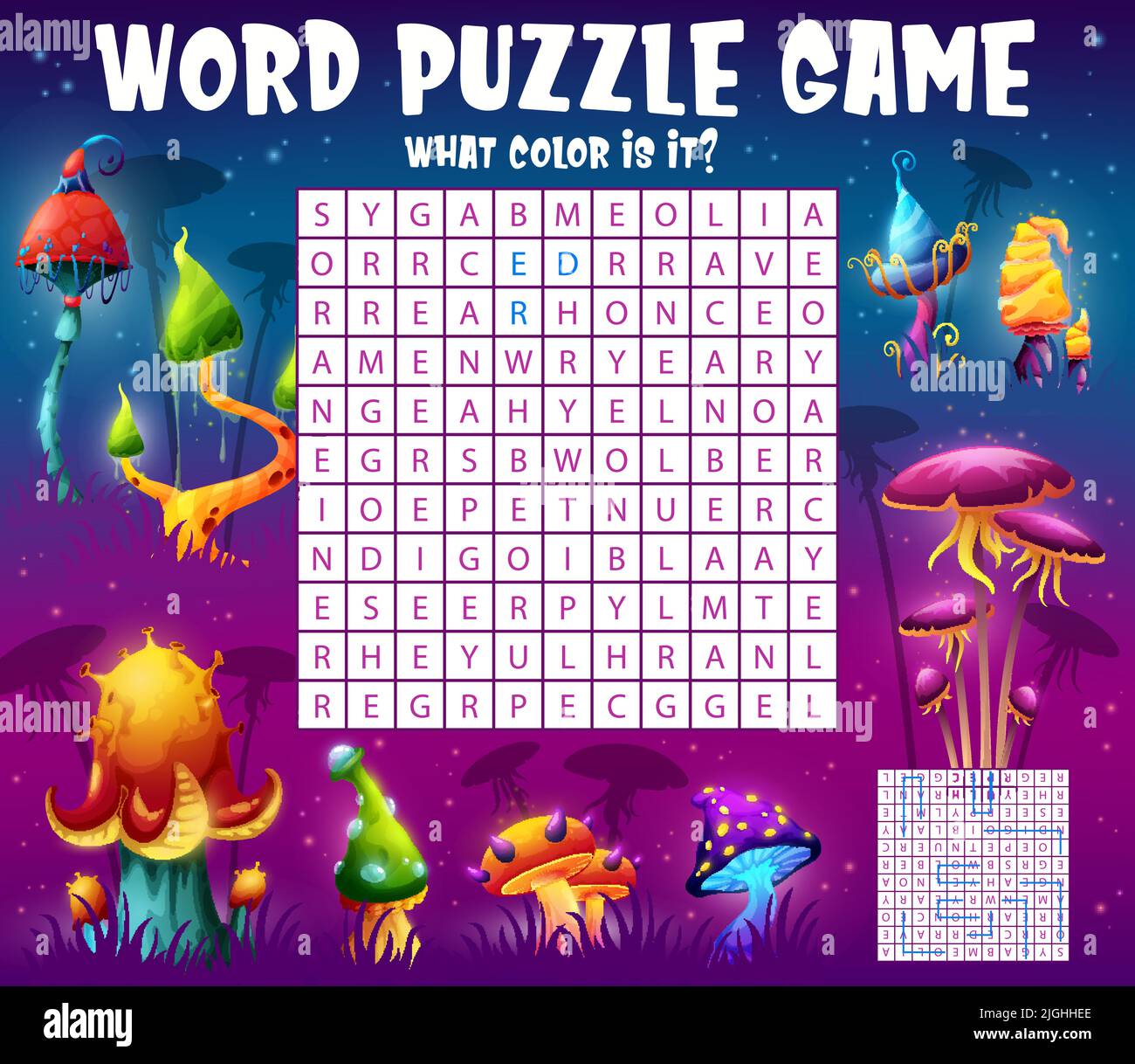 Word search puzzle game worksheet, find color of mushroom caps, vector ...