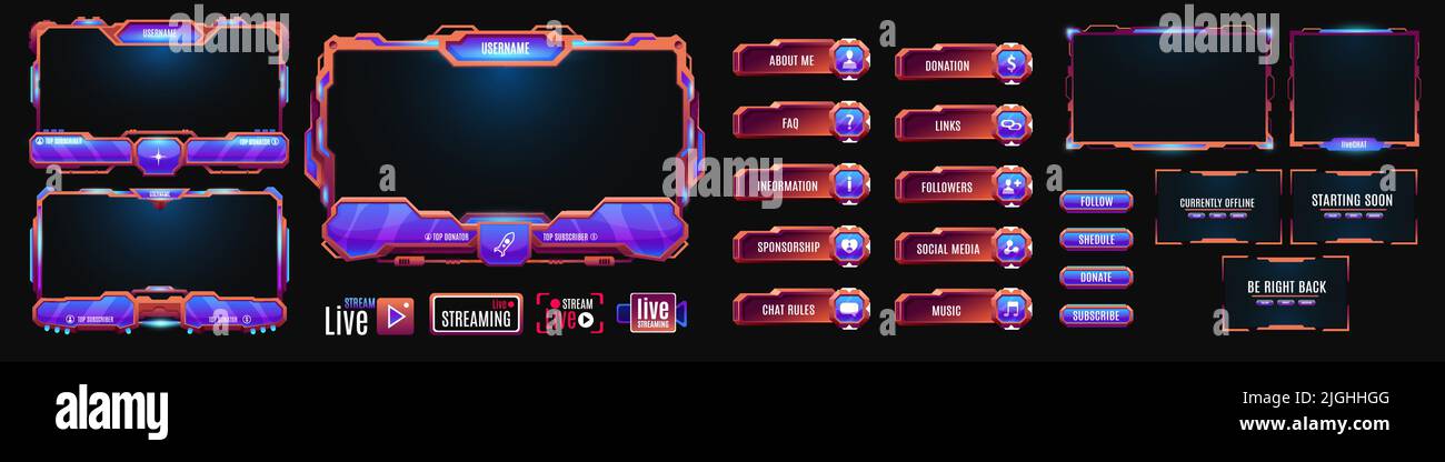 Overlay game interface, neon screen panel and frames, vector UI template. Game interface overlay ...