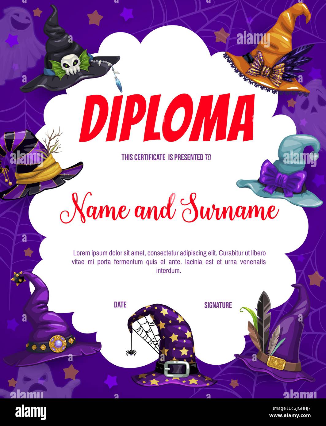 Halloween kids diploma, cobweb, witch and wizard hats, vector education ...