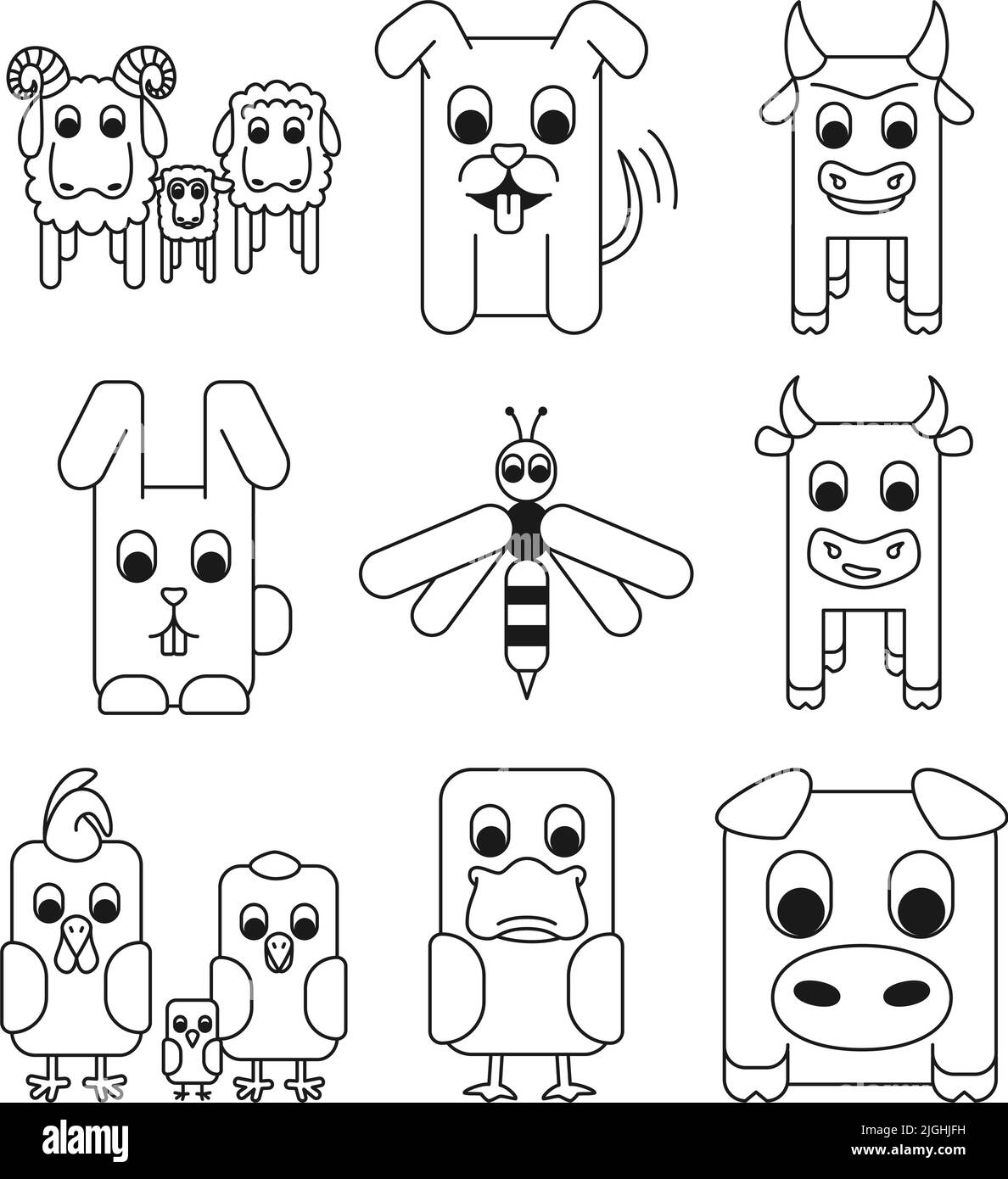 9 black and white line art farm elements set. Domestic cartoon animals ...