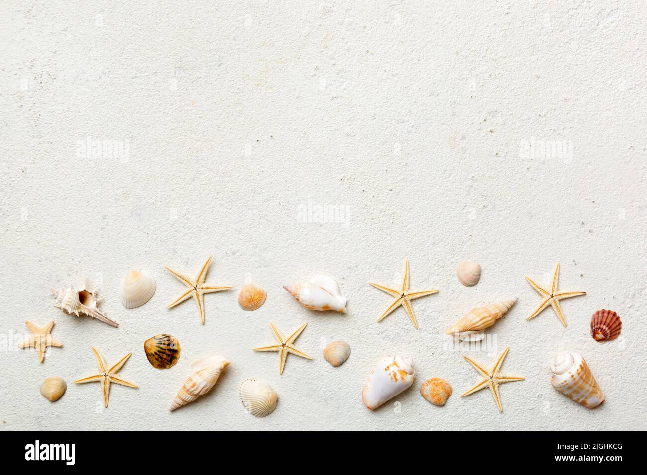 Summer time concept Flat lay composition with beautiful starfish and ...