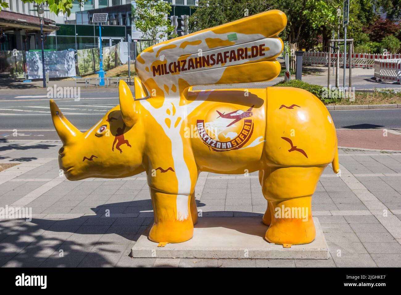 Statue of a typical rhinoceros with wings on the streets of Dortmund ...