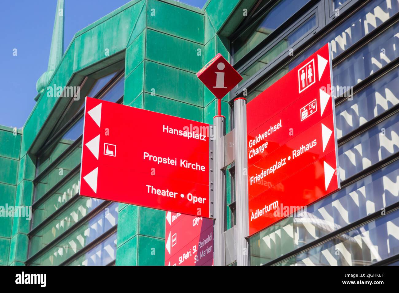 Red tourist sign on the market square of Dortmund, Germany Stock Photo ...