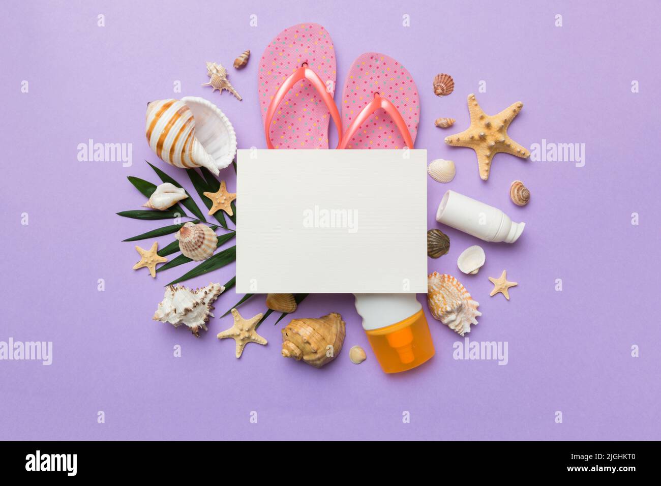 Summer time concept with blank greeting card and blank white paper on ...
