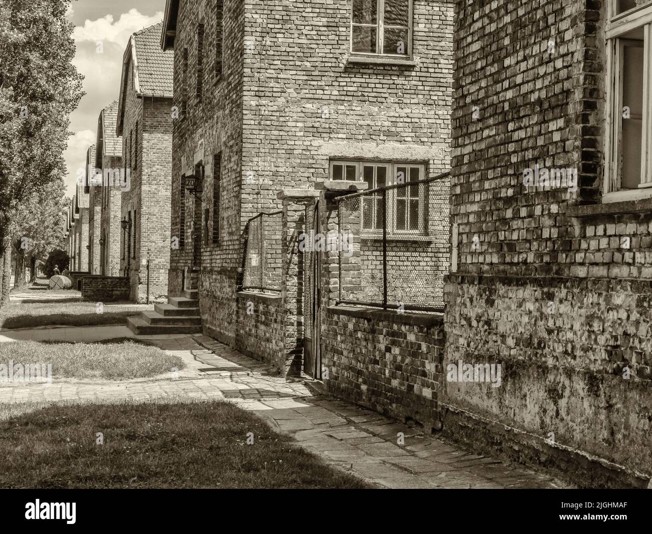 Oświęcim, Poland - June, 2019: Block of houses in concentration camp in ...