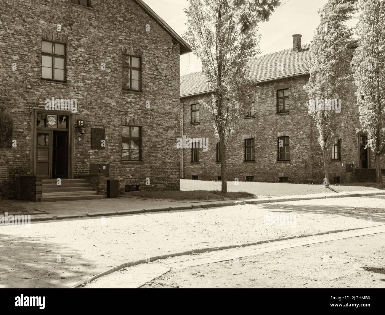 Oświęcim, Poland - June, 2019: Block of houses in concentration camp in ...
