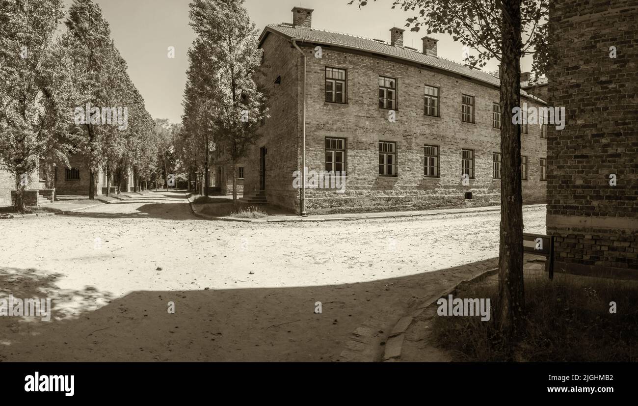 Oświęcim, Poland - June, 2019: Block of houses in concentration camp in ...