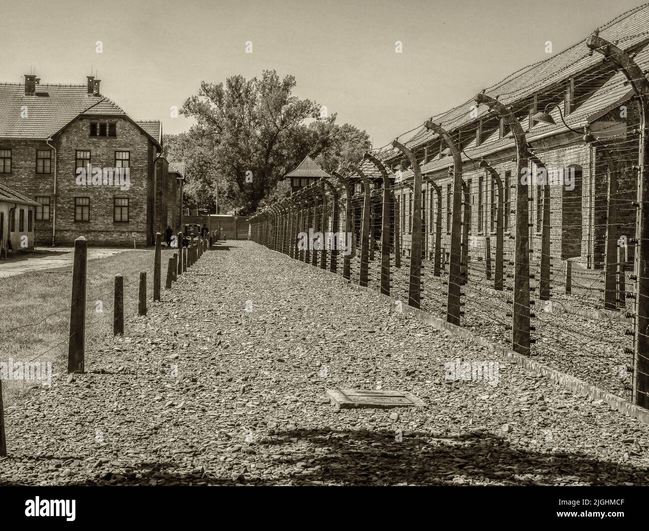 Oświęcim, Poland - June 05, 2019: Electric fence with barbed wire and ...