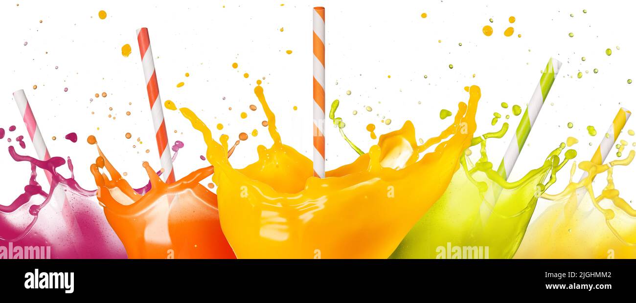drinking straws in fruit juice splashes set isolated on white Stock ...