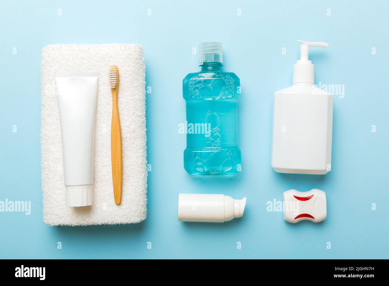 Mockup for bathing products top view flat lay, spa razor, toothpaste ...