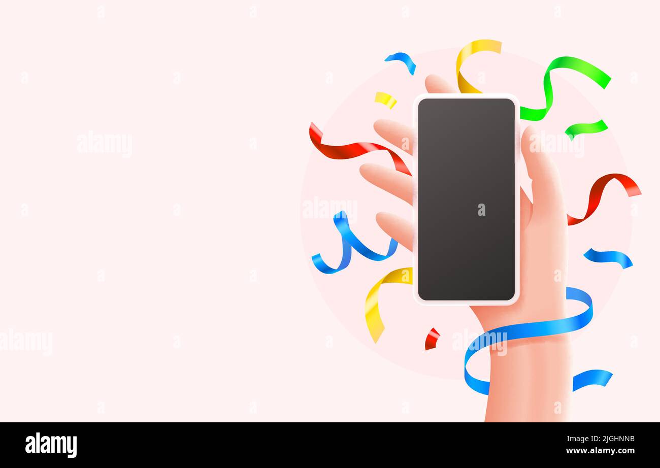 Smartphone in hand, greeting card with colored ribbons. Vector ...