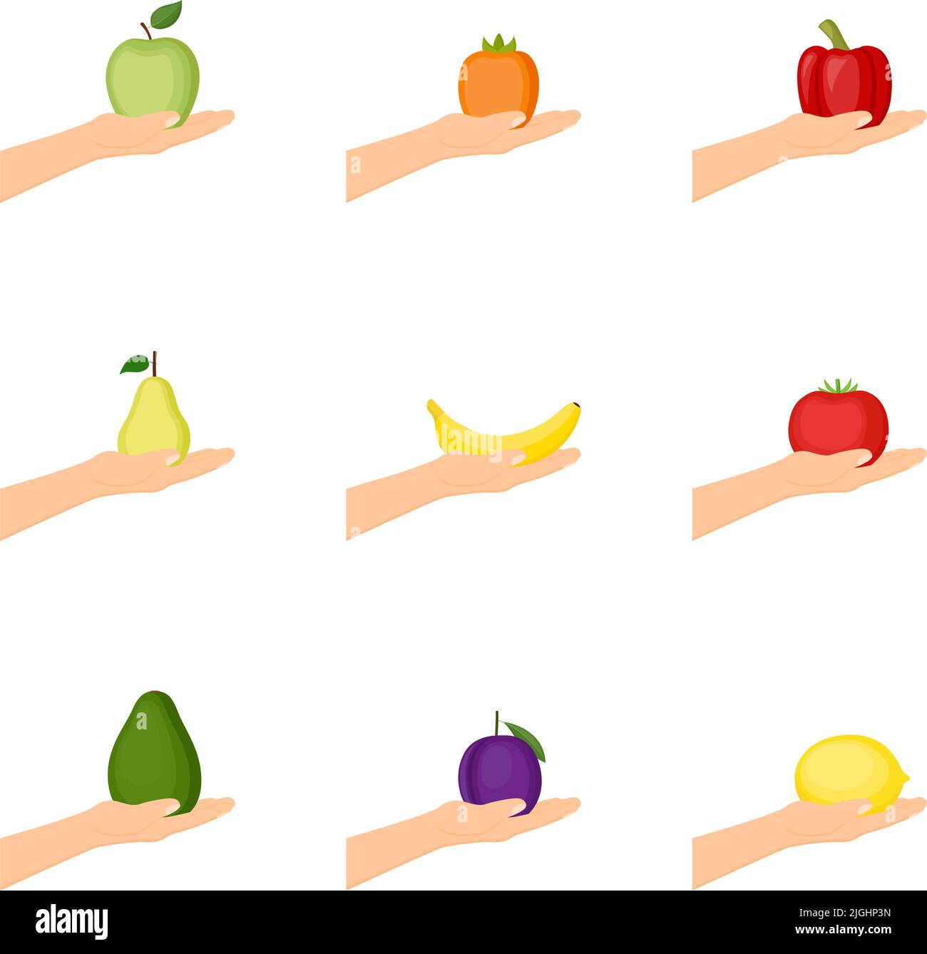 Set of hands holding fruit and vegetable. Healthy food concept, vector ...