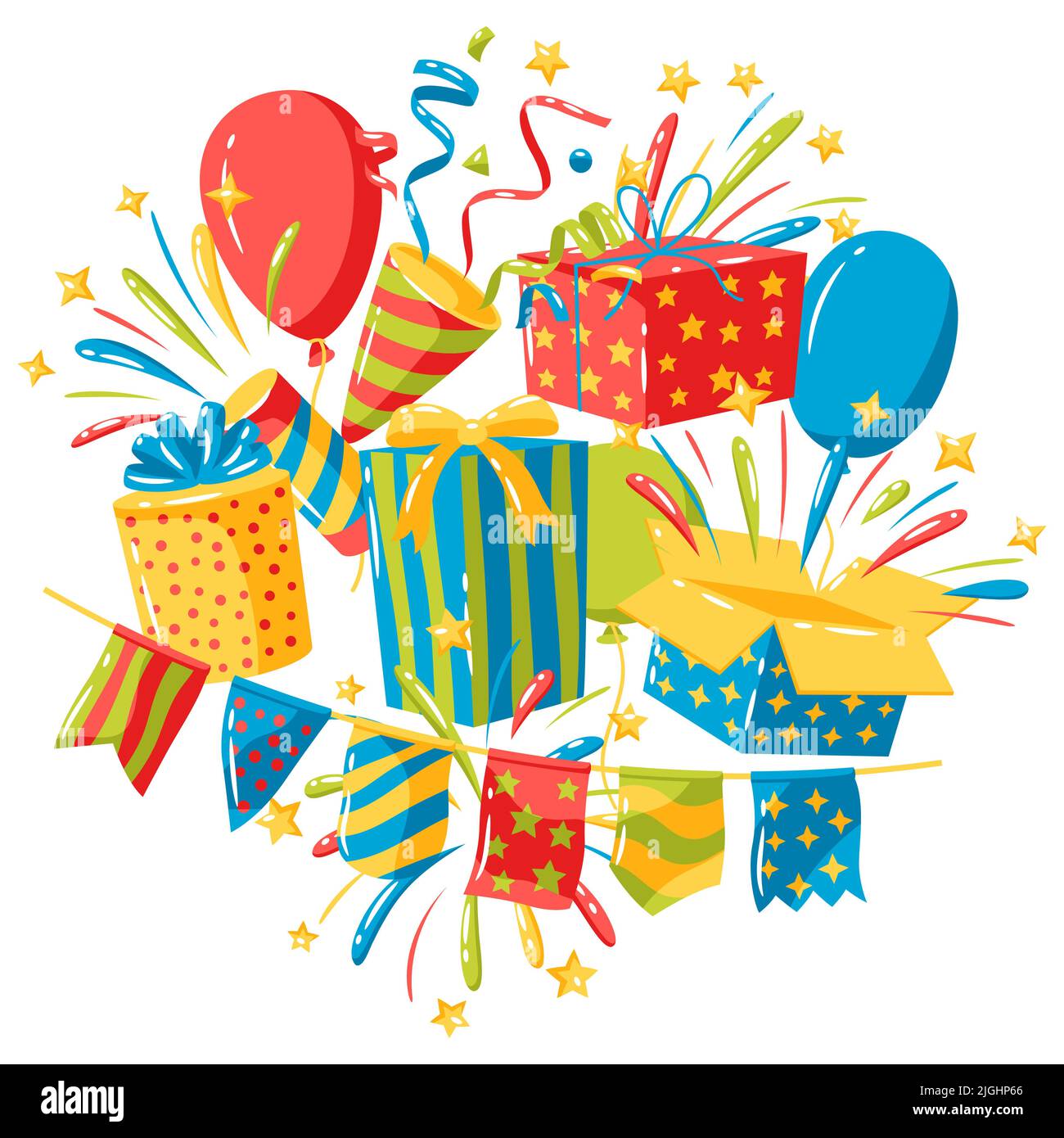 Background with holiday decoration items. Color objects for celebration ...