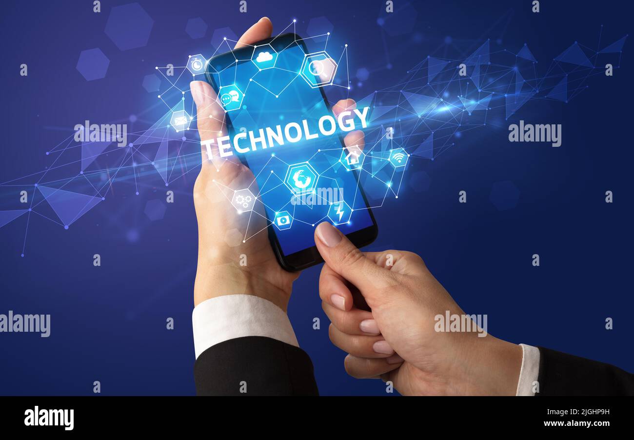 Hand using smartphone with technology concept Stock Photo - Alamy
