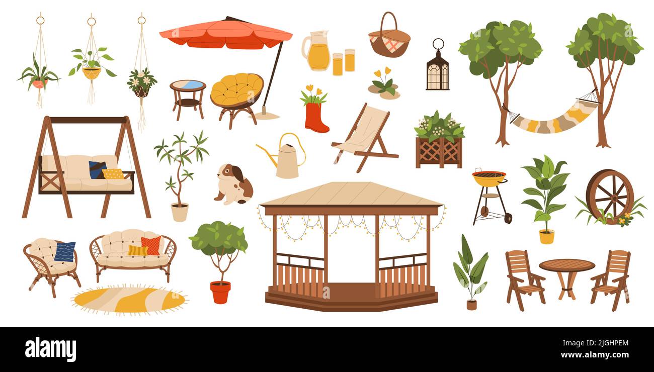 Garden furniture. Backyard cartoon flat elements, summer terrace and ...