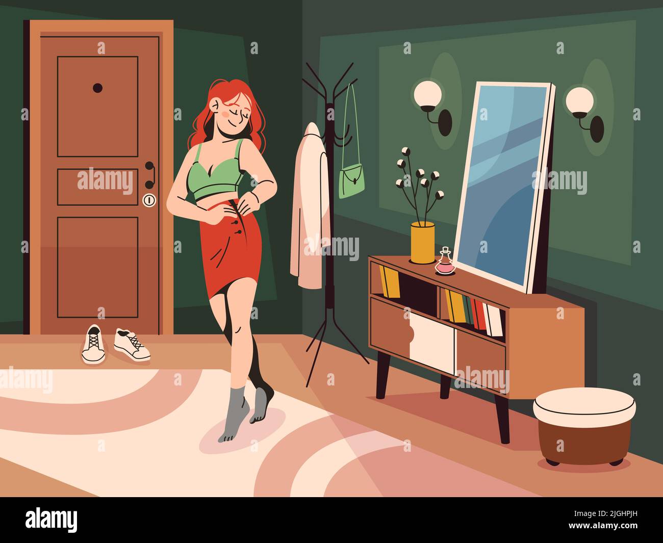 Girl dressing clothes mirror. Pretty young woman character at home ...