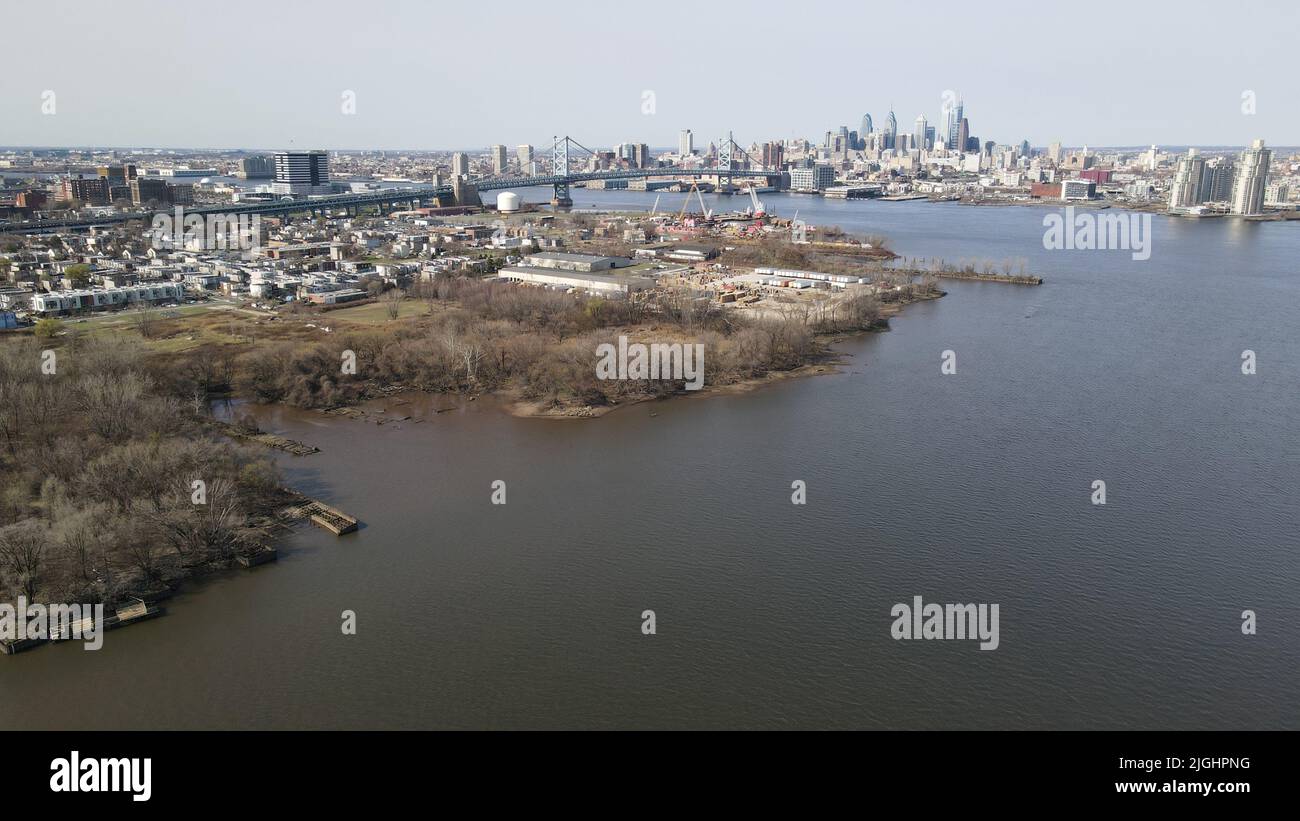 An aerial view from above the Delaware River of North Camden, NJ. The ...