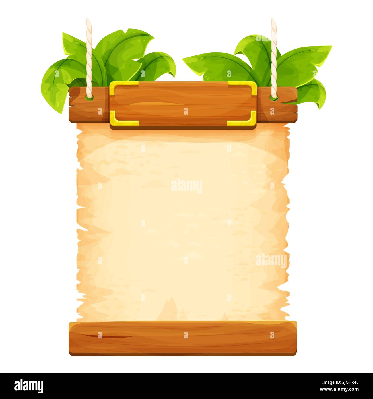 Jungle frame with wooden planks, old paper, rope, decorated plants and ...