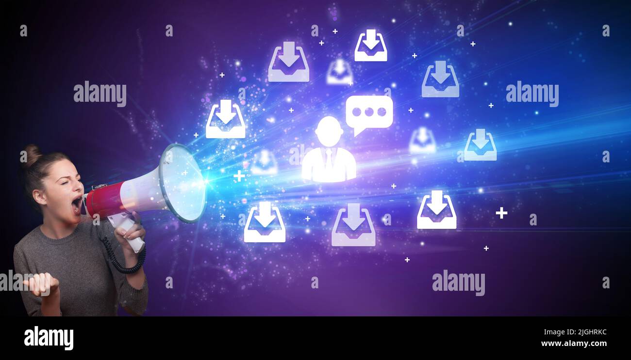 Young person with megaphone and business icon Stock Photo - Alamy