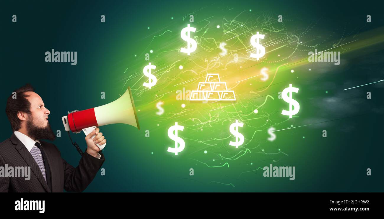 Young person with megaphone and currency icon Stock Photo - Alamy