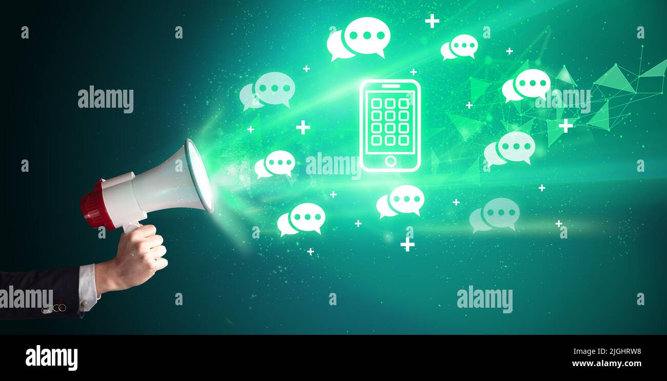 Young person with megaphone and technology related icon Stock Photo - Alamy