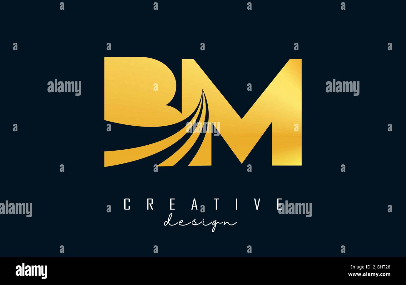 Creative golden letter BM b m logo with leading lines and road concept ...