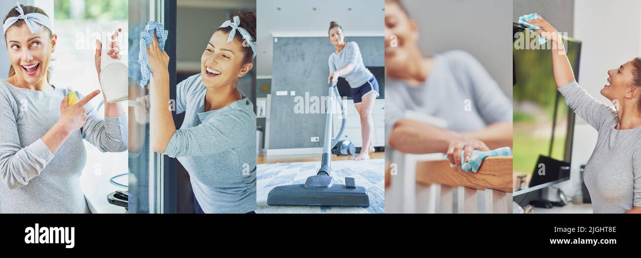 Collage of pictures of young woman cleaning house Stock Photo - Alamy