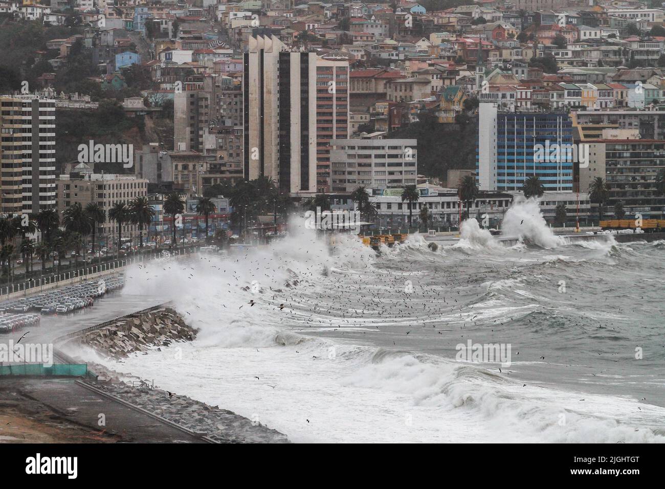 6-meter waves hit the coast of Valparaiso, Chile. A storm affects the ...