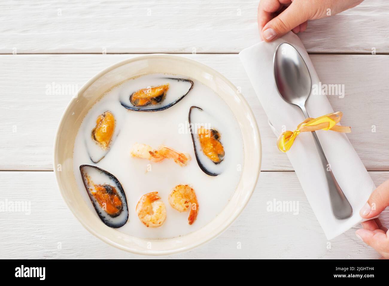 Seafood soup-puree serving flat lay. Top view on bowl with soup-puree ...