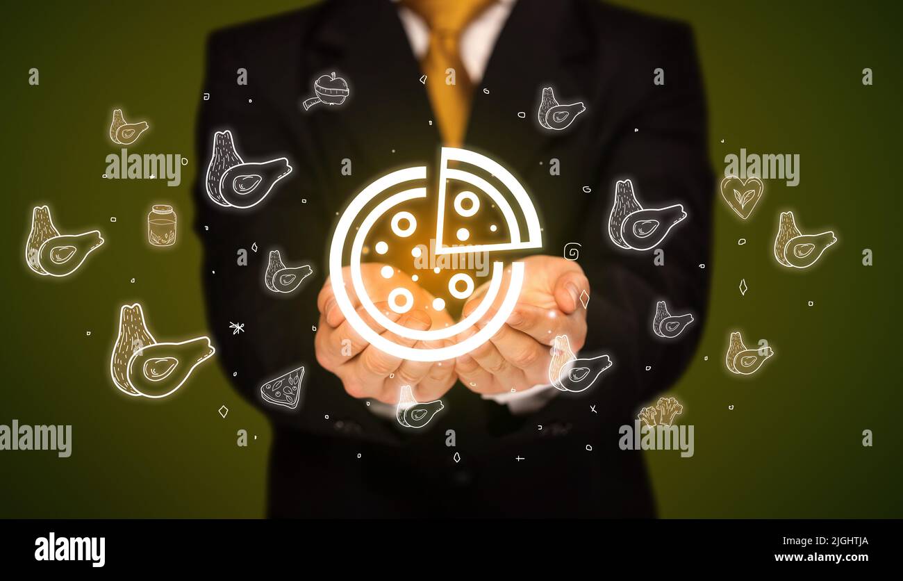 Hand holding food related icons Stock Photo - Alamy