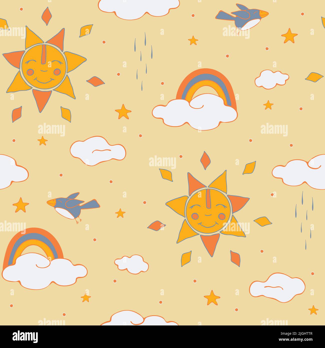 Seamless vector pattern with happy suns and rainbows on pink background ...