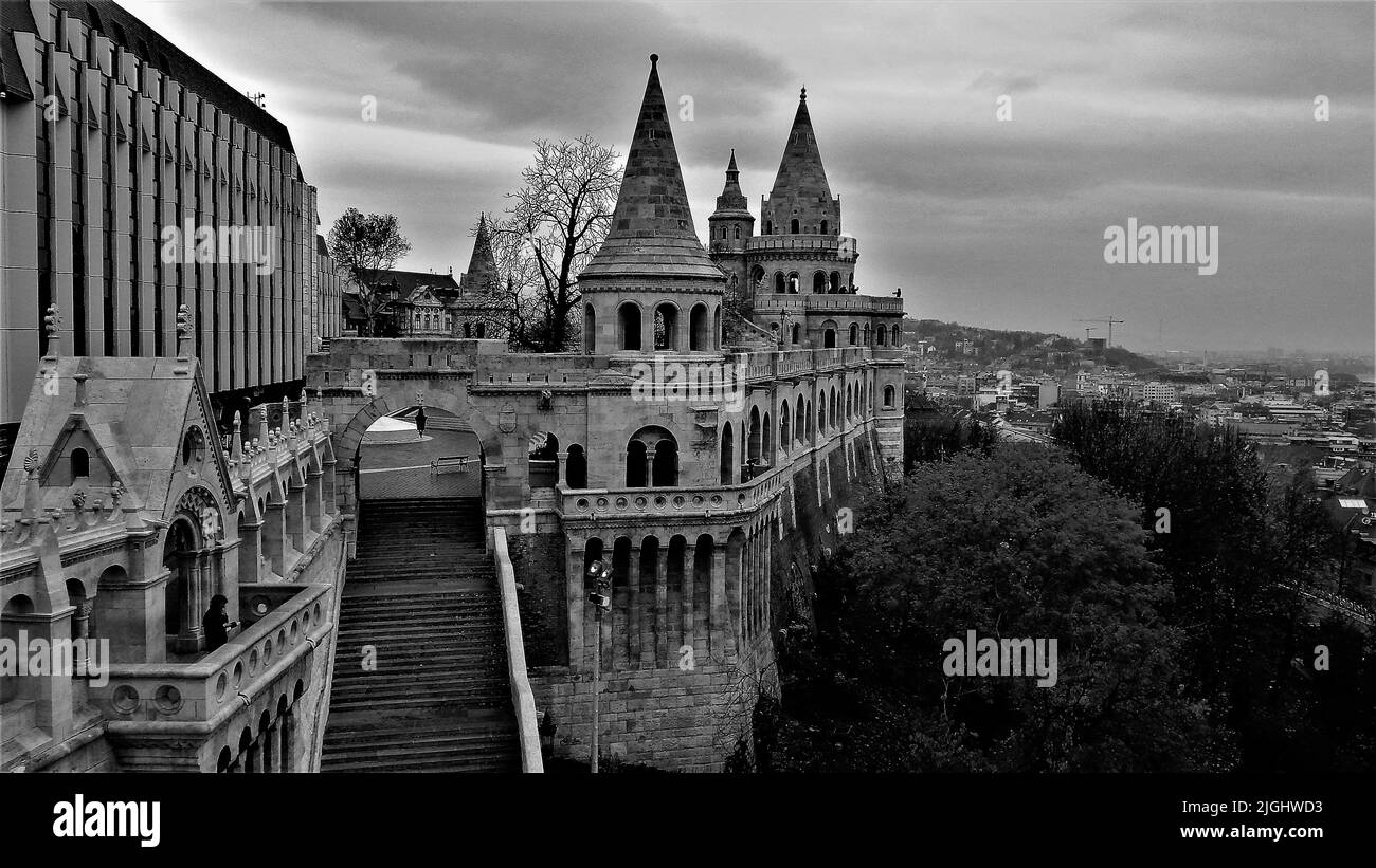 The grayscale of the Fisherman's Bastion fortress exterior Stock Photo ...
