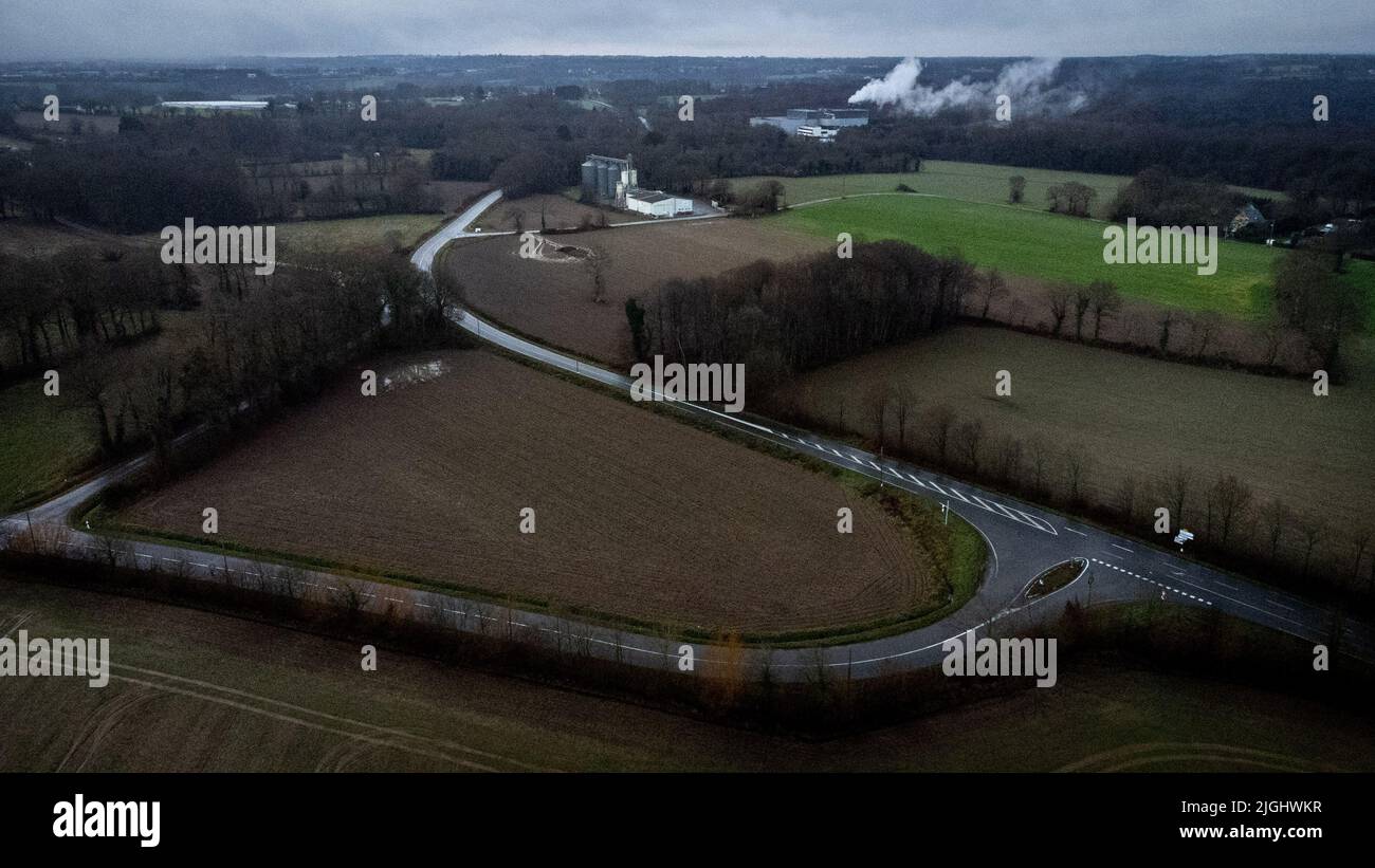 France, Brittany, Dinan the 2021-12-25. Aerial view of Breton landscape ...
