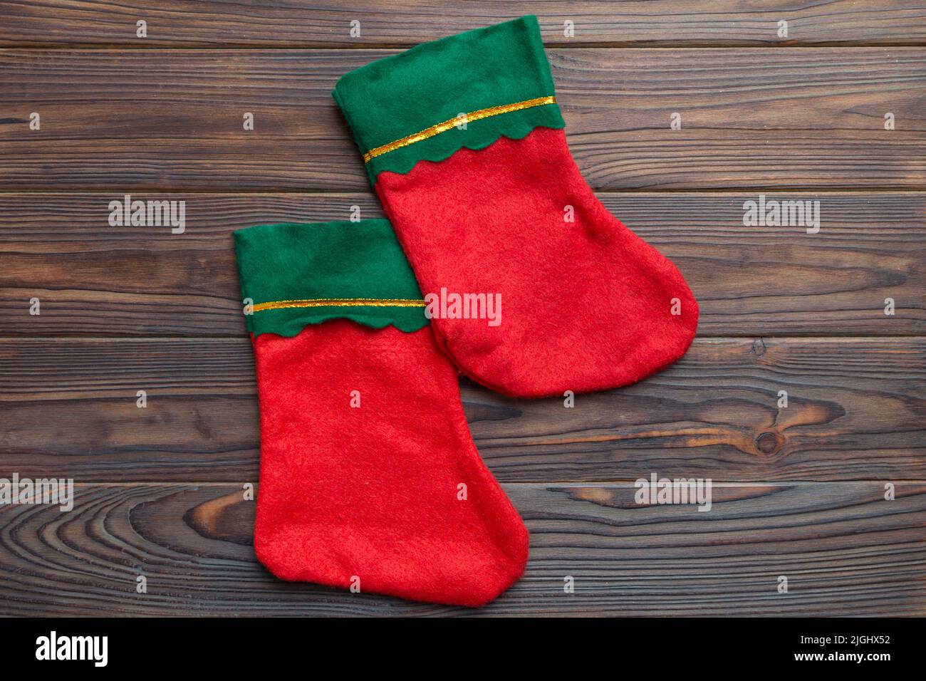 santa red sock top view on the color background with empty space ...