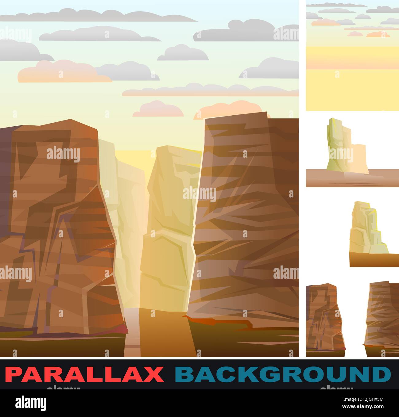 Rocky mountain gorge. Set parallax effect. Stone rocky landscape. River ...