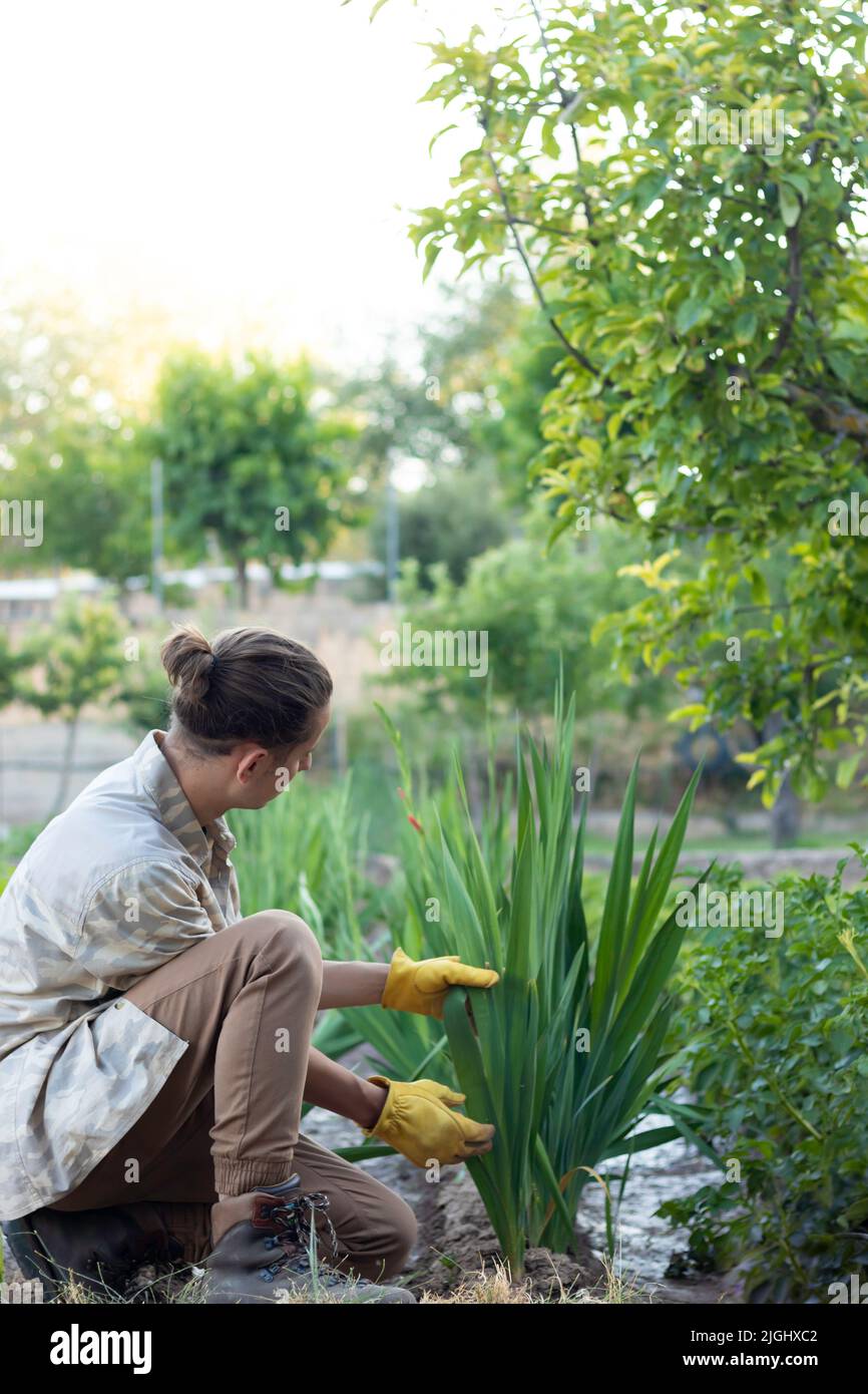 Vertical view of unrecognizable young man taking care of the plants in ...
